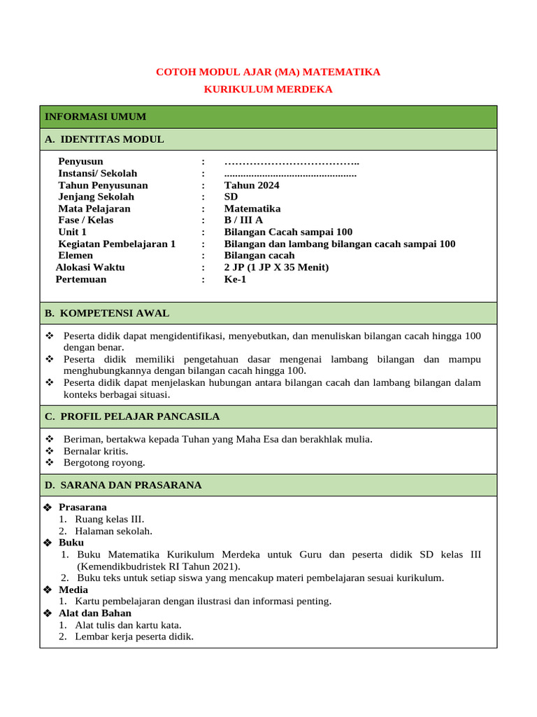 Contoh Modul Ajar Kelas Iii (Mat) | PDF