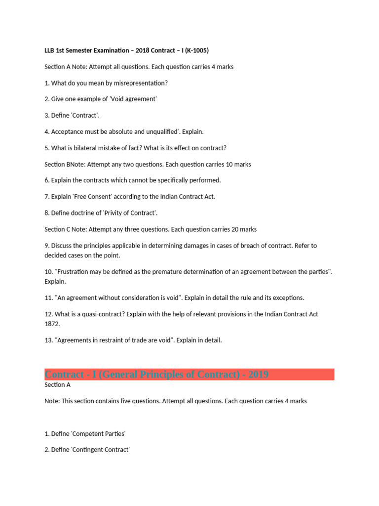LLB 1st Semester ExaminationCONTRAct | PDF | Common Law | Private Law