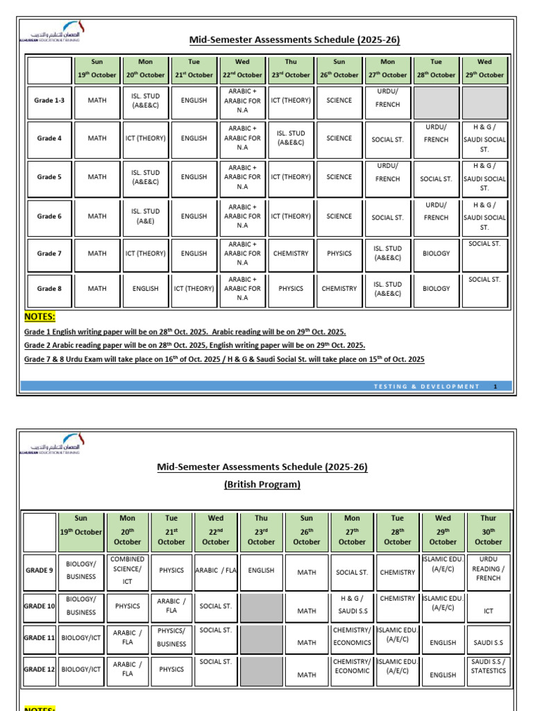 Mid Semester Assessments Schedule G1 12 Semester 1 251005 141832 | PDF