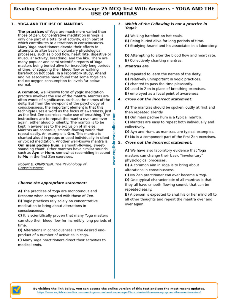 595 Reading Comprehension Passage 25 MCQ Test With Answers Yoga and The ...