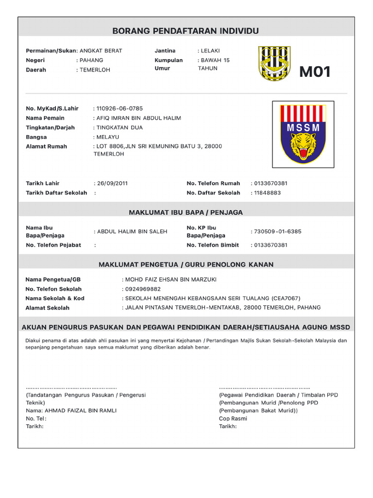 Borang m01 Afiq Imran Bin Abdul Halim | PDF