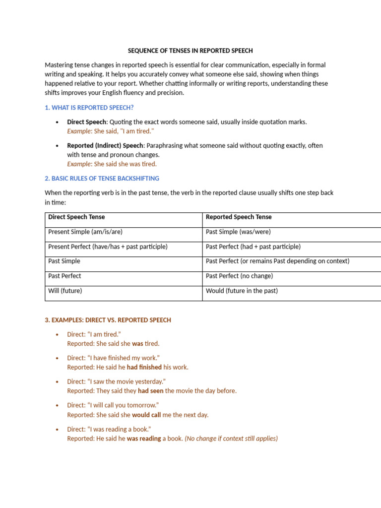 Sequence of Tenses in Reported Speech | PDF | Grammatical Tense ...