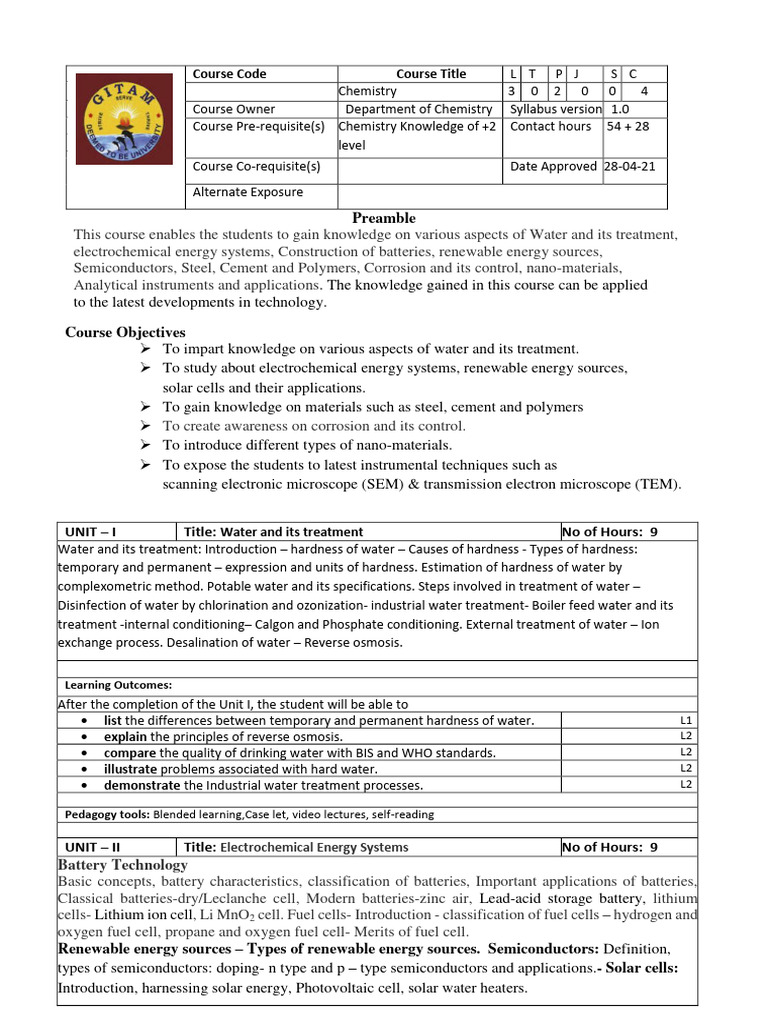 Engineering Chemistry Course Syllabus | PDF | Corrosion | Nanomaterials