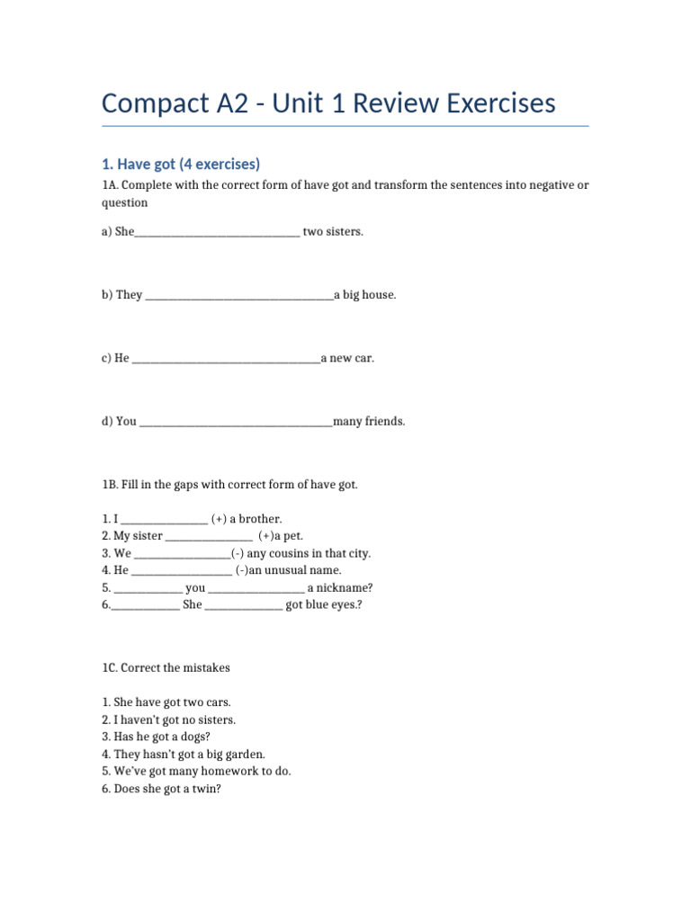 A2 Unit 1 Review: Have Got & Daily Routines | PDF