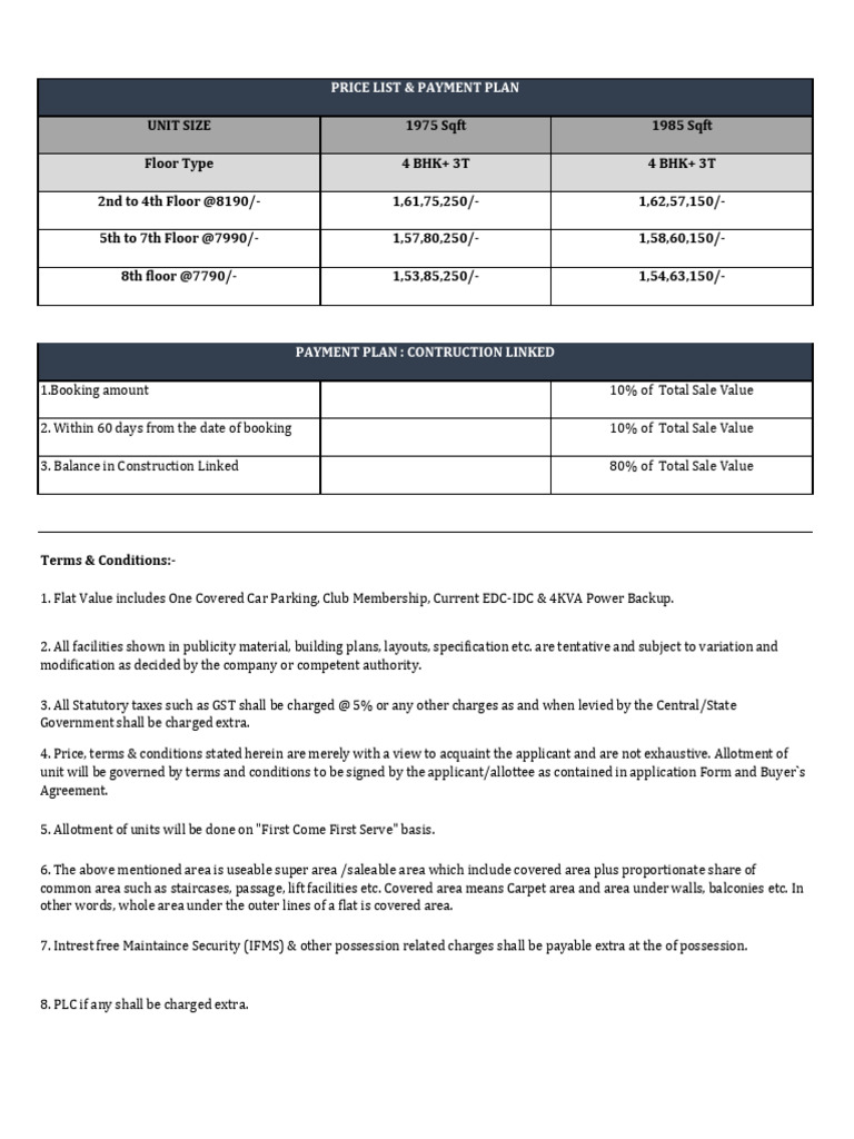 Price List & Payment Plan 1 | PDF