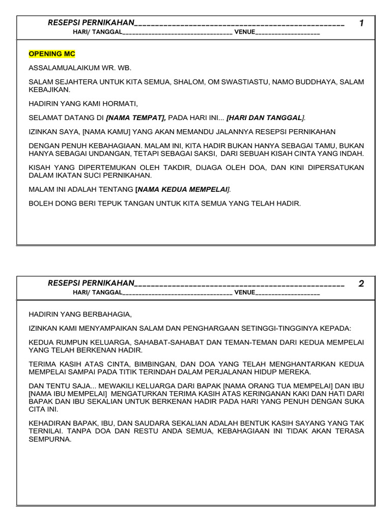 Skrip MC Acara Resepsi Pernikahan - Format Cue Card Siap Pakai | PDF
