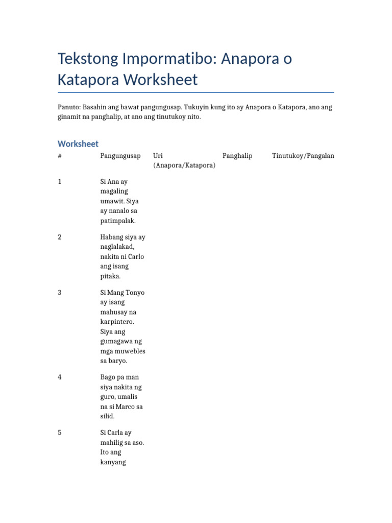 Kompletong Anapora Katapora Worksheet | PDF