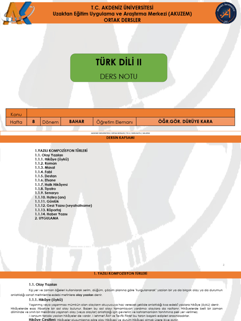 8 Hft - Turk Dili II - Ders Notu Duriye Kara | PDF