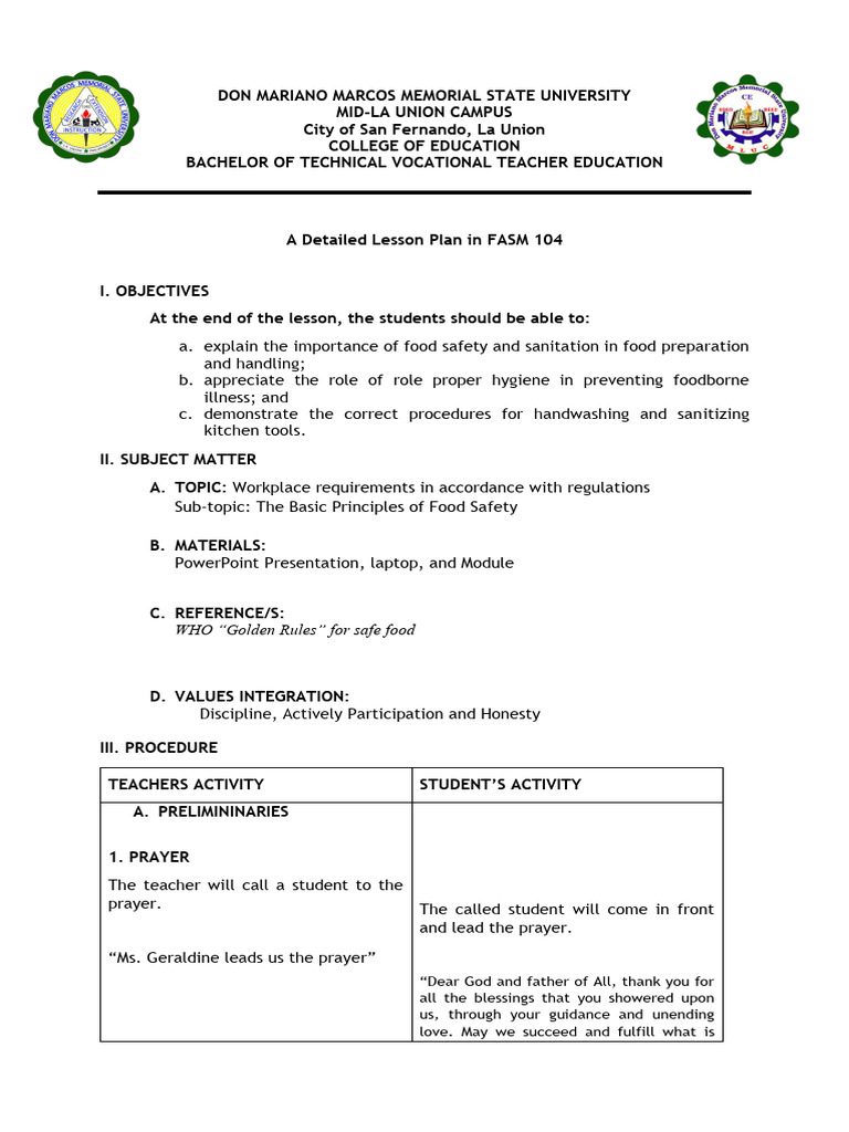 Food Safety Lesson Plan for Educators | PDF | Hygiene | Personal ...