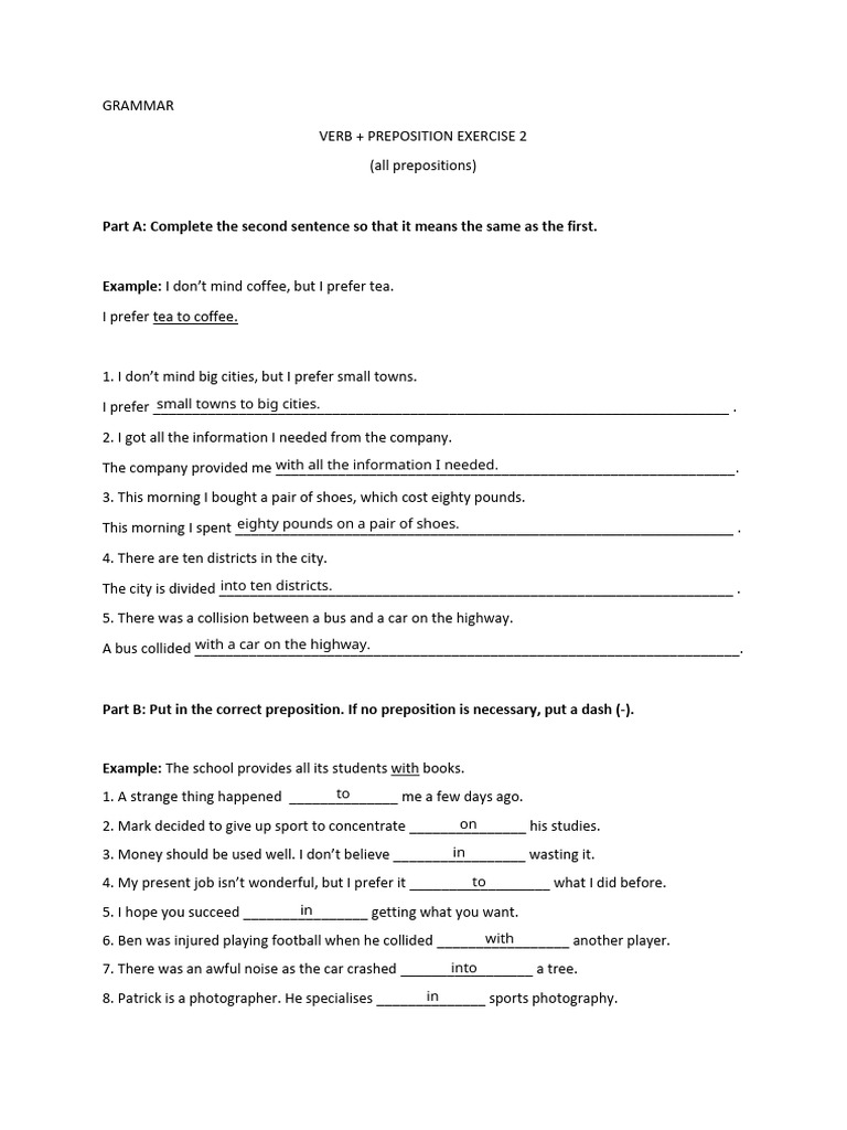 Verb Prepositions Exercise Guide | PDF