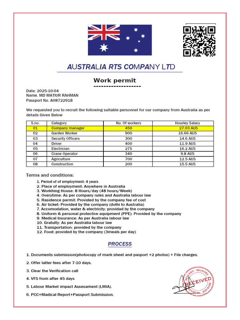 RTS Company Australia Work Permit Details | PDF