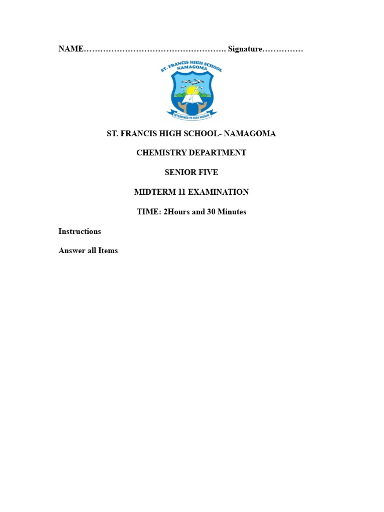 Senior Five s5 Chemistry End of Term Two Item Exam For New A Level ...