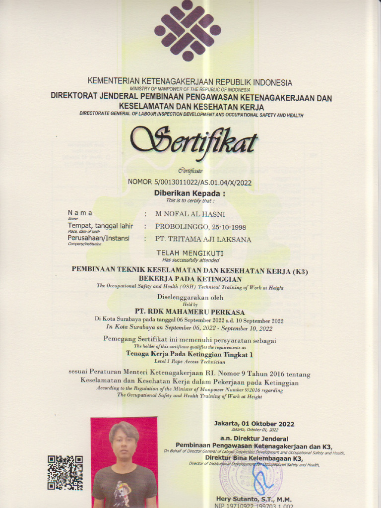 Sertifikat WAH Kemenaker - Nofal Hasni | PDF