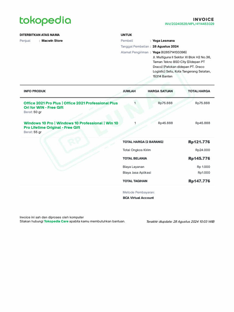 Invoice Pembelian Office 2021 dan Win 10 | PDF