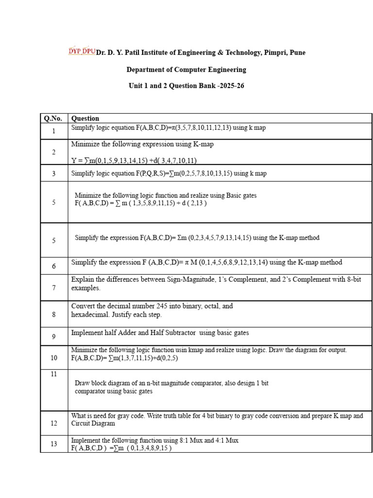 Question Bank - Unit 1-2 Updated | PDF | Binary Coded Decimal | Arithmetic