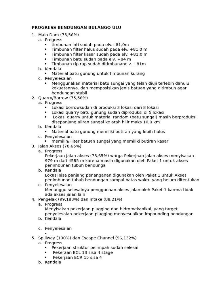 Progres Pembangunan Bendungan Bulango Ulu dan Way Apu | PDF