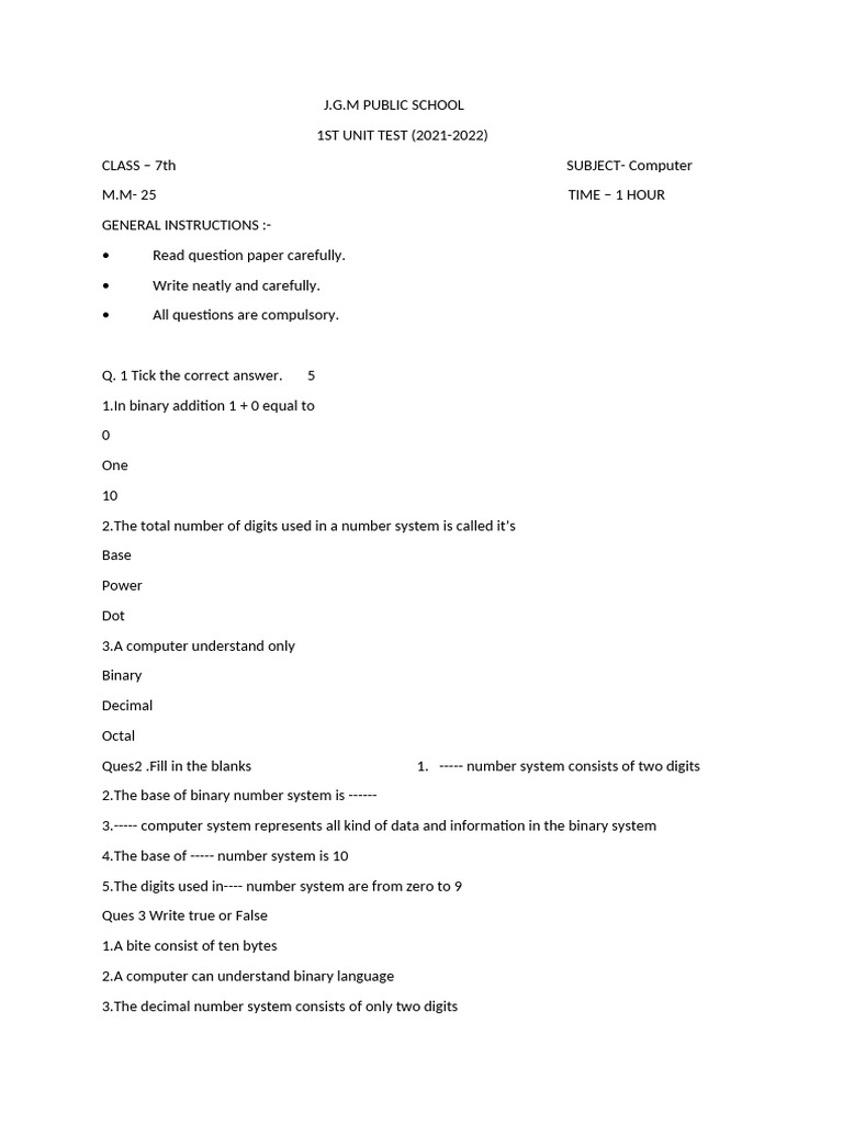 Class 7 Computer Unit Test Questions | PDF