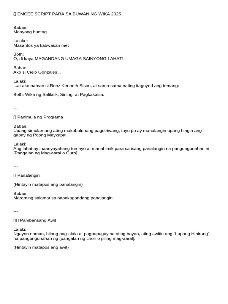 ? EMCEE SCRIPT PARA SA BUWAN NG WIKA 2025 | PDF