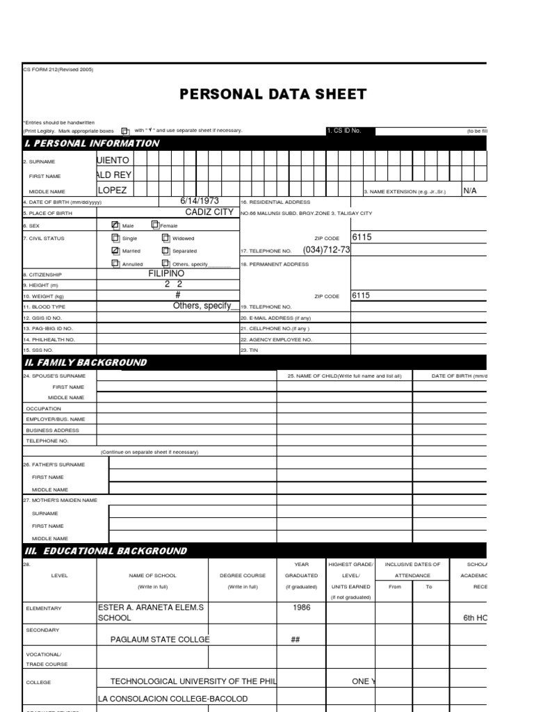 Personal Data Sheet, Blank (6'21'10) | PDF | Government | Justice