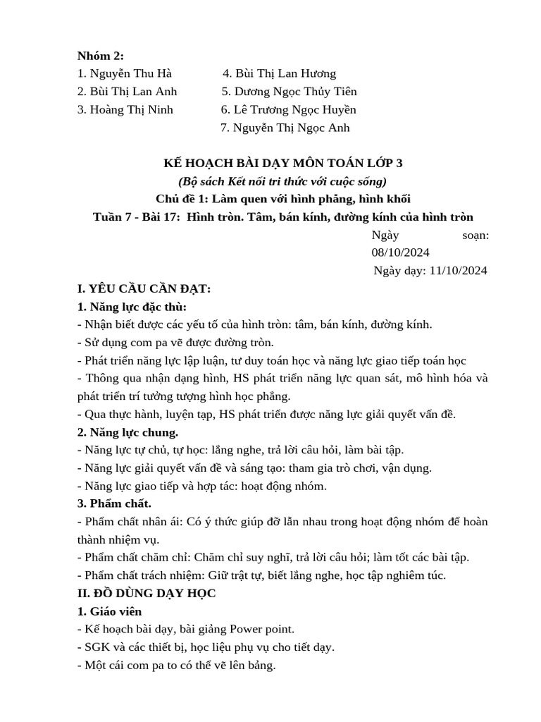 Bài 17 Hình Tròn. Tâm, Bán Kính, Đư NG Kính | PDF