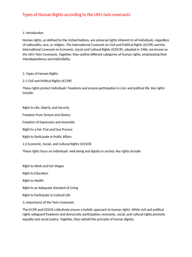 Types of Human Rights According To The UN's Twin Covenants | PDF