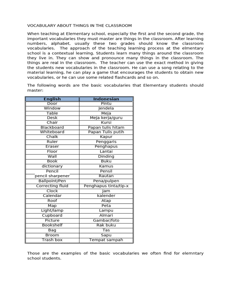Vocabulary About Things in The Classroom | PDF
