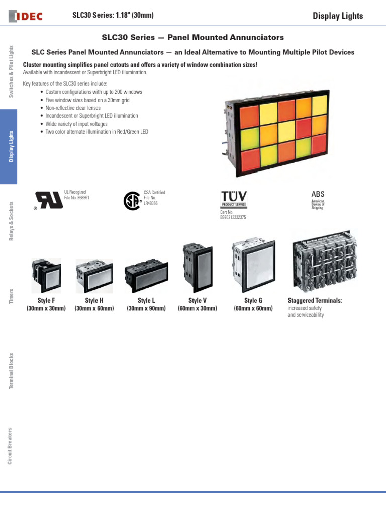 IDEC Annunciator Panels SLC30 Series | PDF | Mains Electricity | Light Emitting Diode