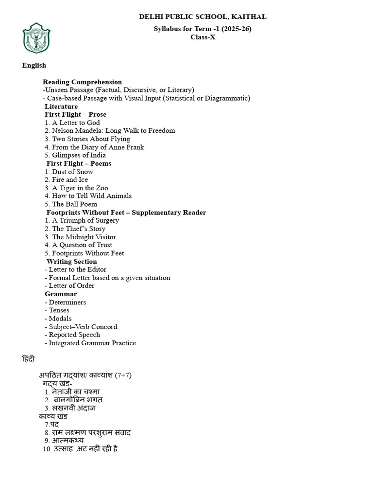 Term 1 Class 10 Syllabus | PDF