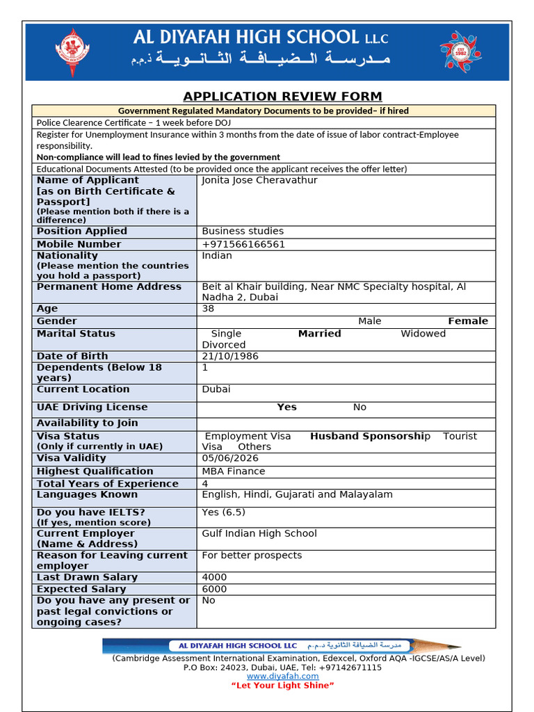 Job Application Review Form | PDF | Travel Visa | United Arab Emirates