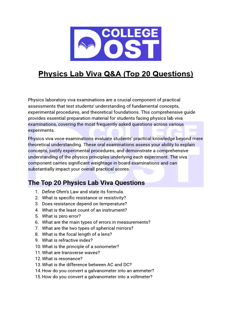 Physics Lab Viva: Top 20 Q&A Guide | PDF | Waves | Refractive Index