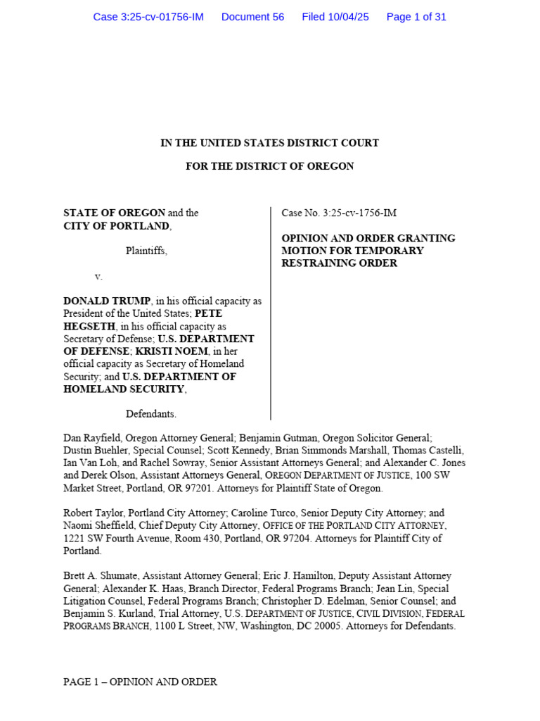 Oregon and Portland v. Donald Trump - OPINION AND ORDER GRANTING MOTION FOR TEMPORARY ...