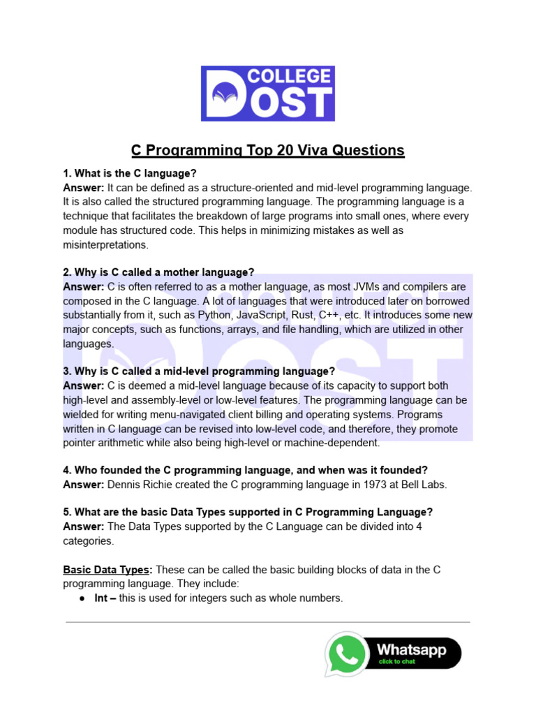 C Program Top 20 Viva Questions | PDF | Pointer (Computer Programming ...