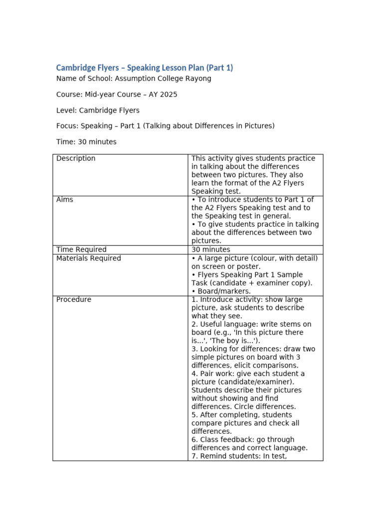 Cambridge Flyers Speaking LP Table Part1 | PDF