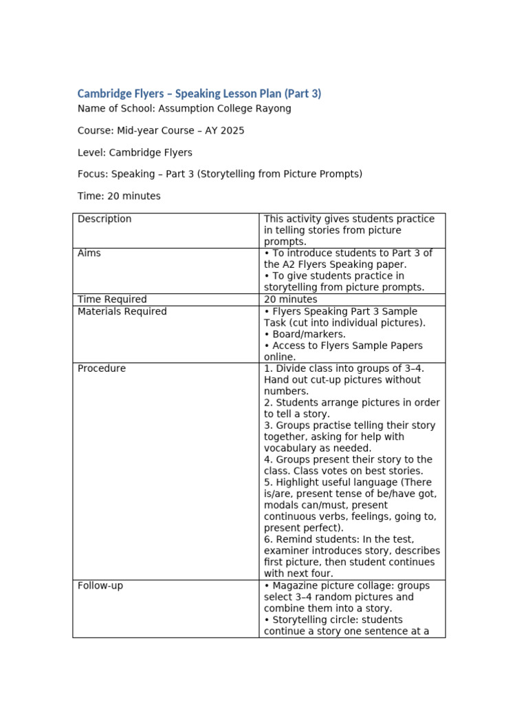 Cambridge Flyers Speaking LP Table Part3 | PDF | Language Families | Syntax