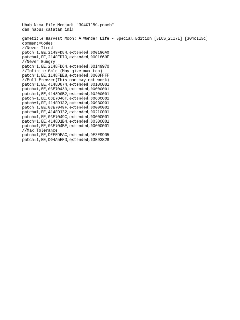 Kode Patch Harvest Moon A Wonderful Life SE | PDF