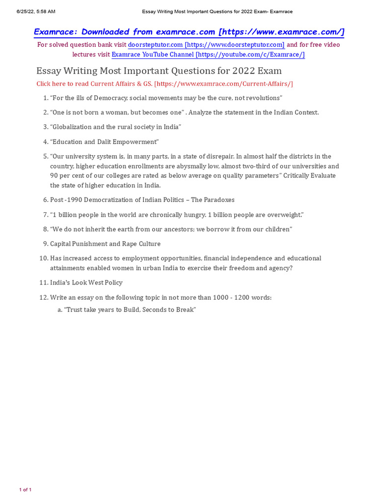 Essay Writing Most Important Questions | PDF