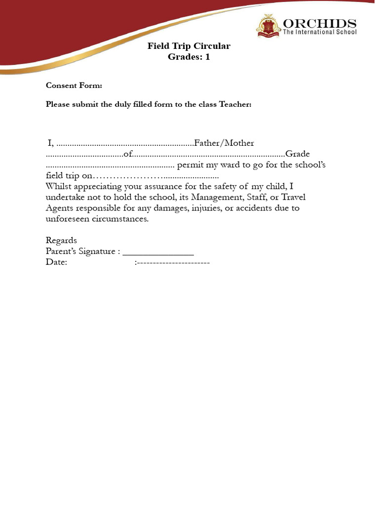 Grade 1 Field Trip Consent Form | PDF