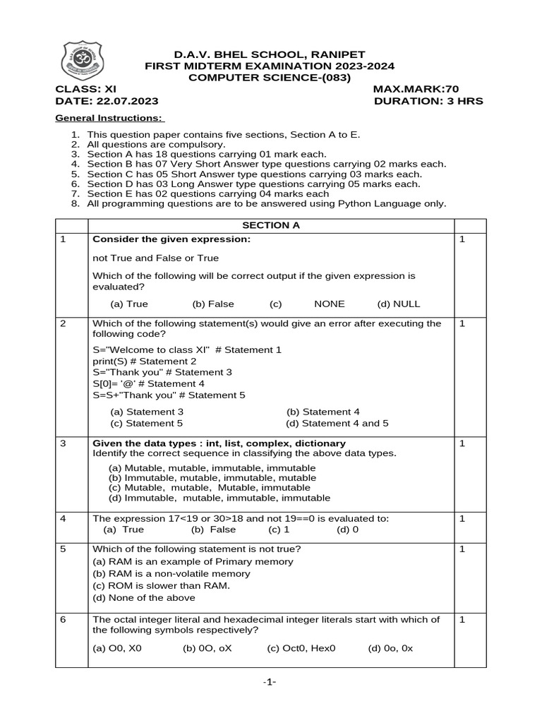 Class XI Computer Science Midterm Exam 2023 | PDF | Computer Engineering | Computer Programming