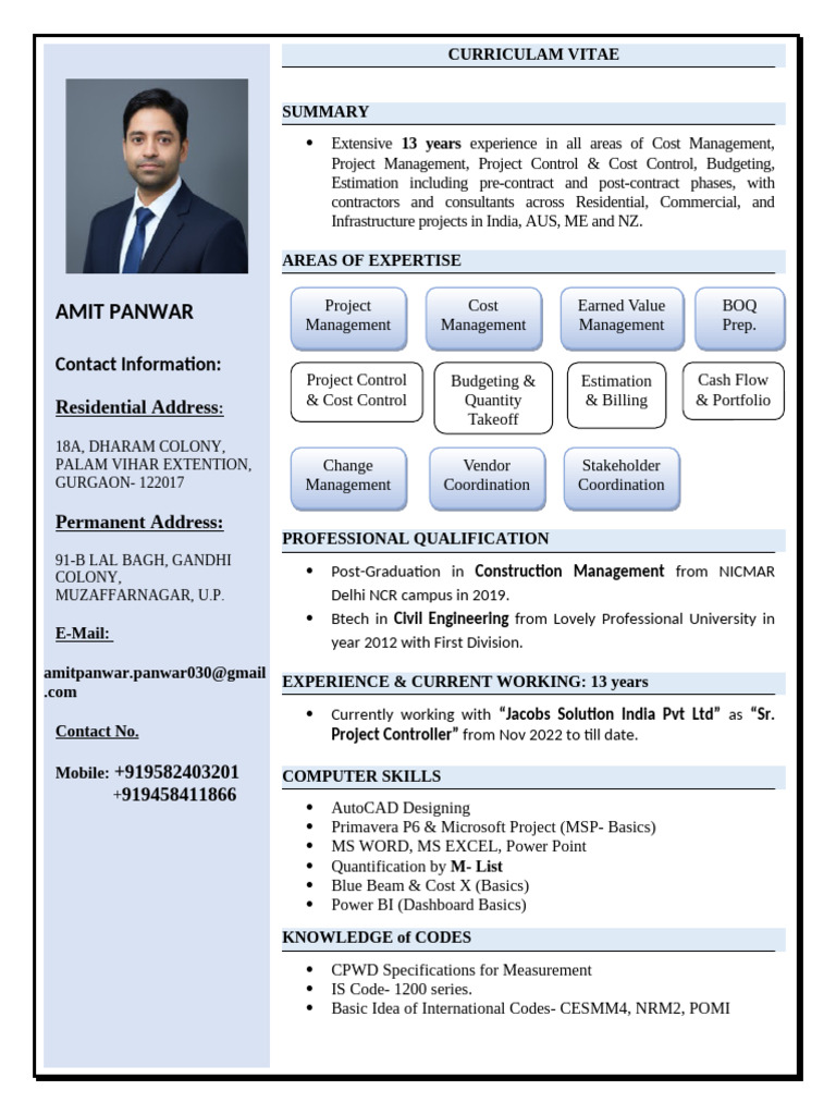 Amit Panwar: Cost Management CV | PDF | Budget