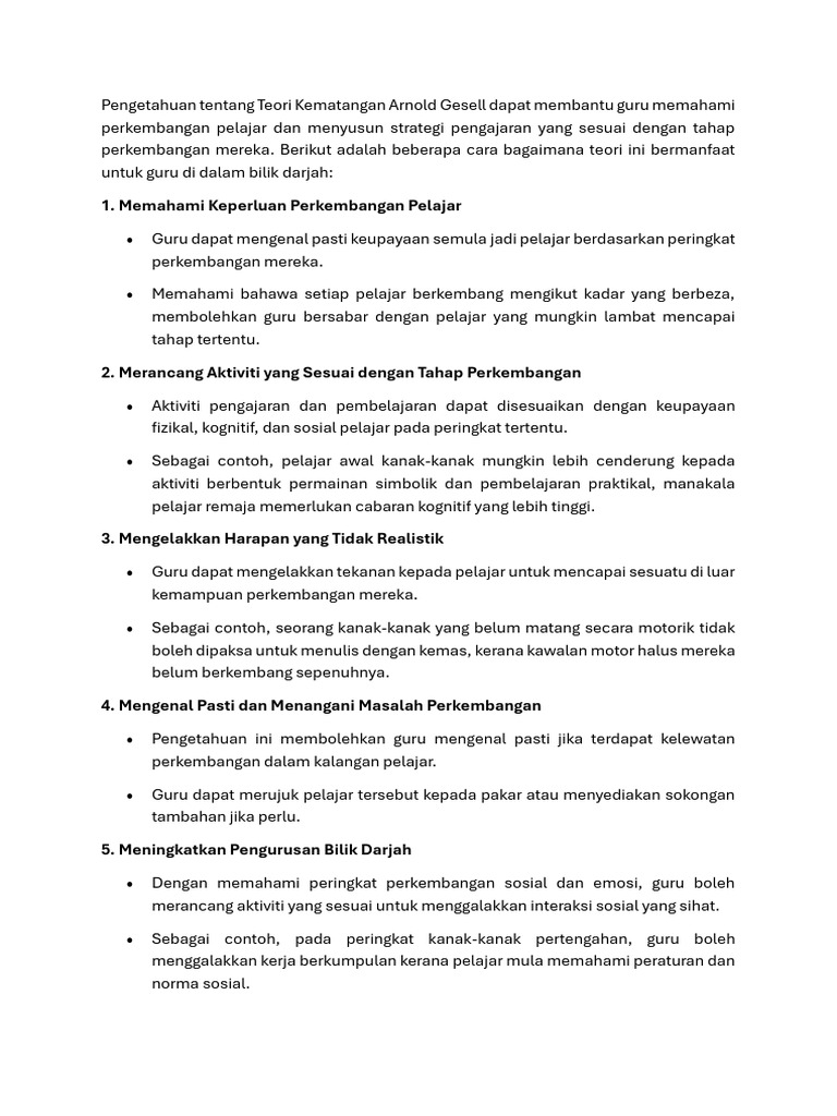 Pemahaman Guru Tentang Teori Arnold Gessel Dapat Membantu Dalam Bilik ...