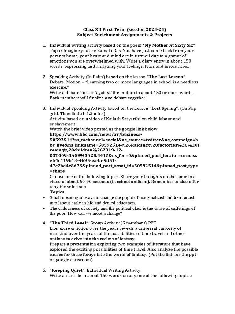 Subject Enrichment Assignments Class XII 2023-24 | PDF