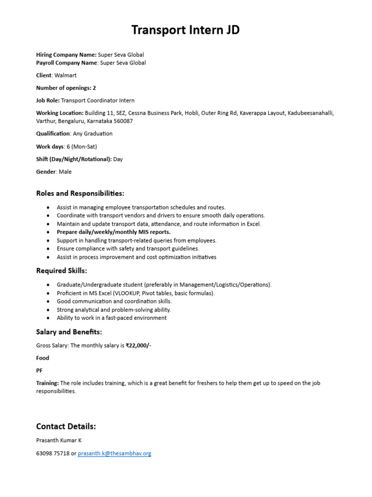Transport Coordinator Intern - Walmart | PDF
