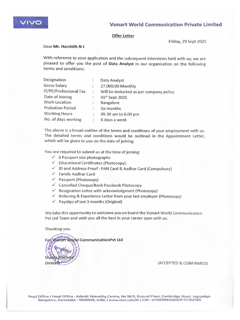 Harshith's Offer Letter | PDF