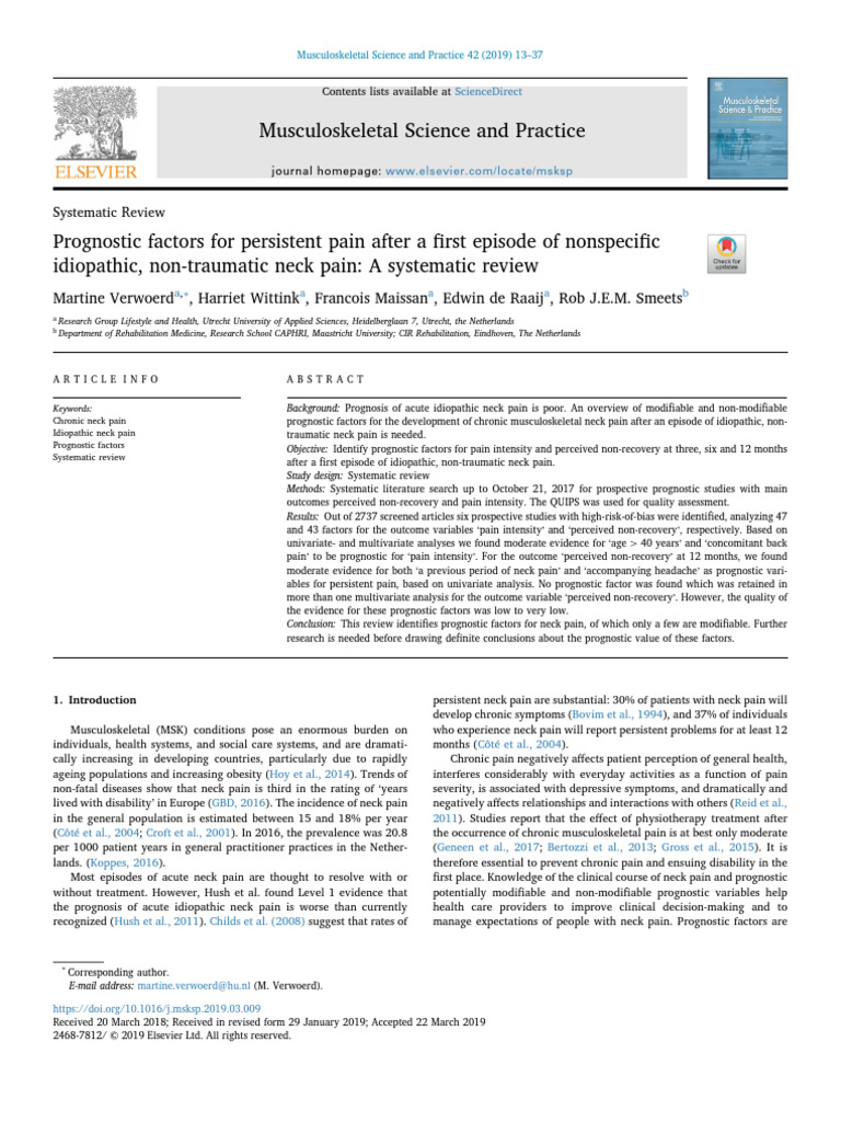 Prognostic Factors For Persistent Pain After A First Episode of ...