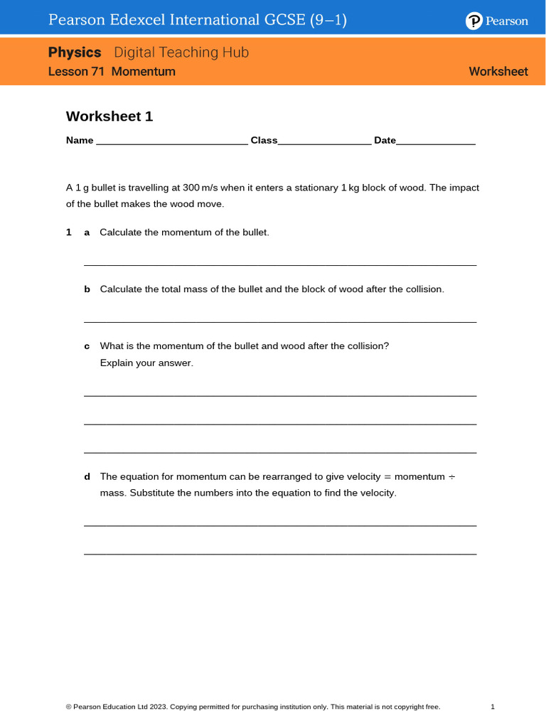 IG Physics Lesson71 Worksheet1 | PDF | Momentum | Mass