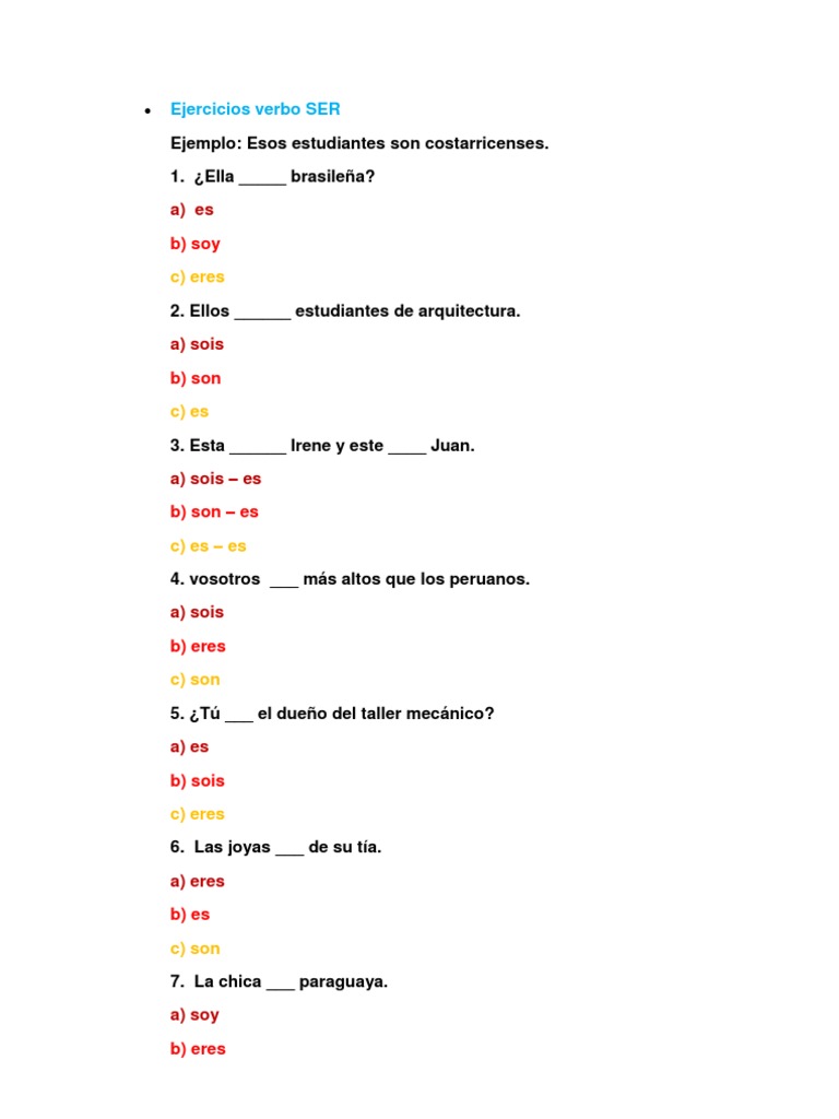 Ejercicios Verbo SER | PDF