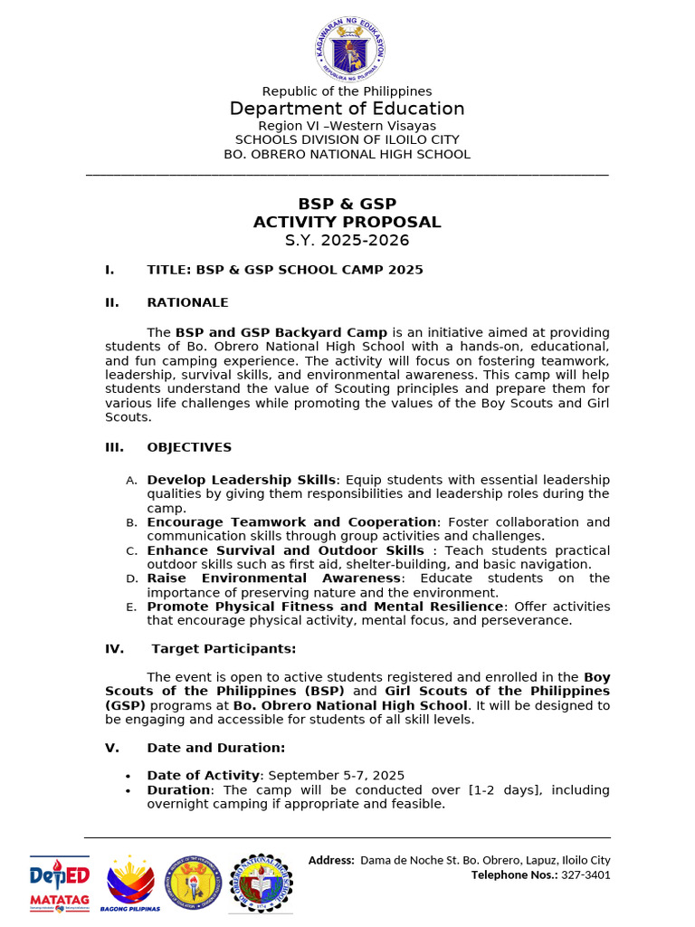 Bsp Gsp School Camp Activity Proposal Sy 2025 2026 | PDF | Scouting | Leadership