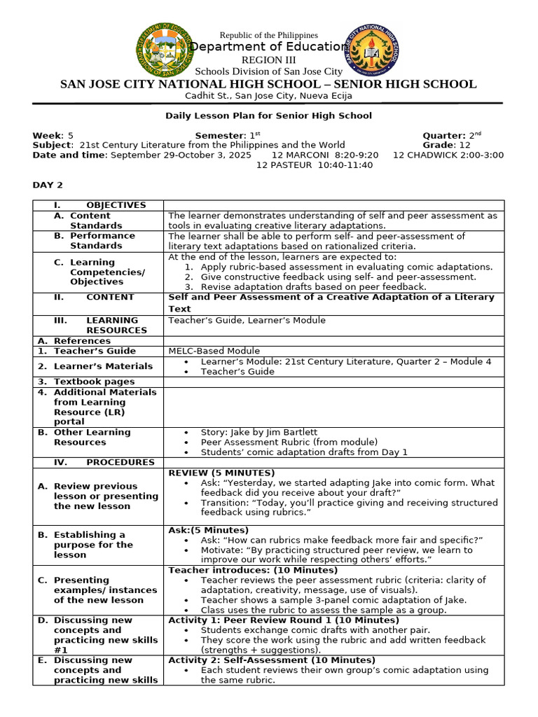 Senior High School Lesson Plan: Peer Assessment | PDF | Teaching | Learning