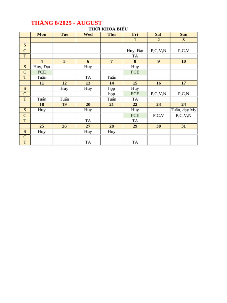 THÁNG 8/2025 - AUGUST: Thời Khóa Biểu Mon Tue Wed Thu Fri Sat Sun 1 2 3 ...
