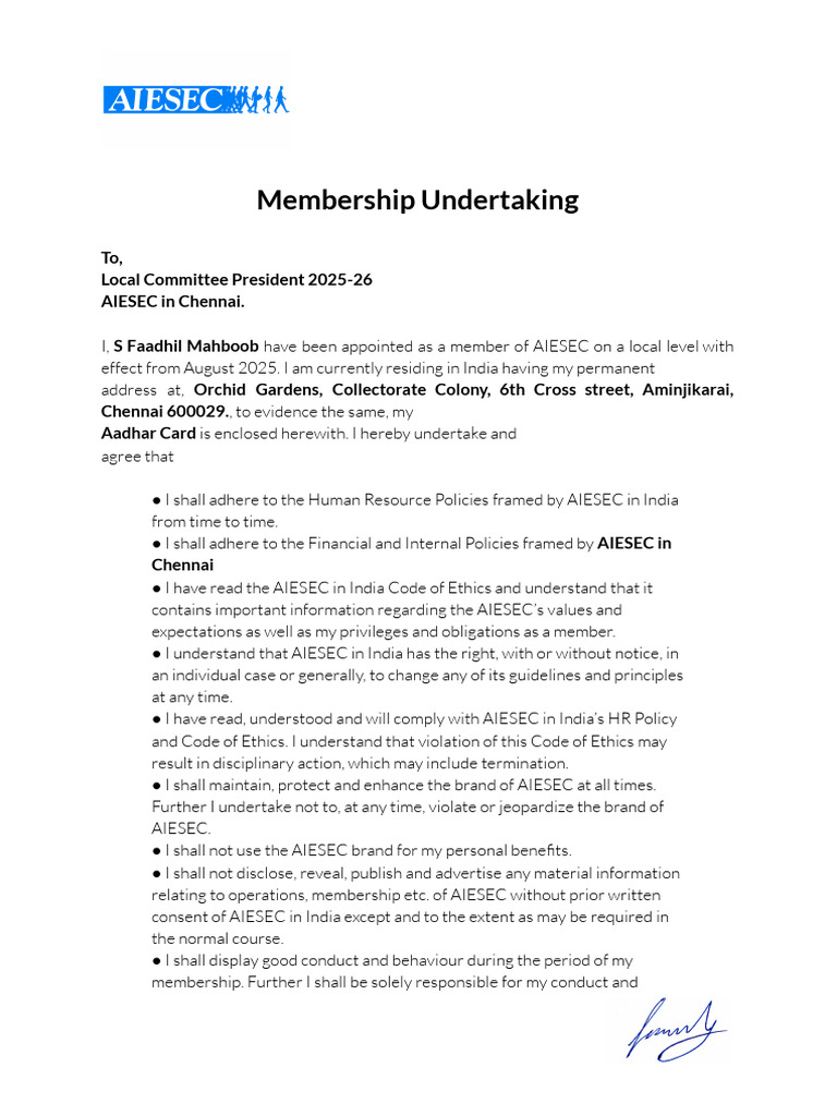 (Sample) Membership Undertaking Form 2025.2 (Faadhil Mahboob S) | PDF | Privacy | Consent